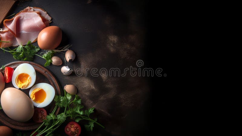 Ham and Boiled Eggs, Easter Dinner Background with Empty Copyspace ...