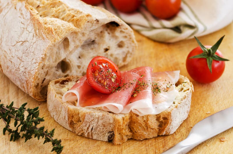 Ham with bread stock photo. Image of spanish, herbs, tomato - 23249254