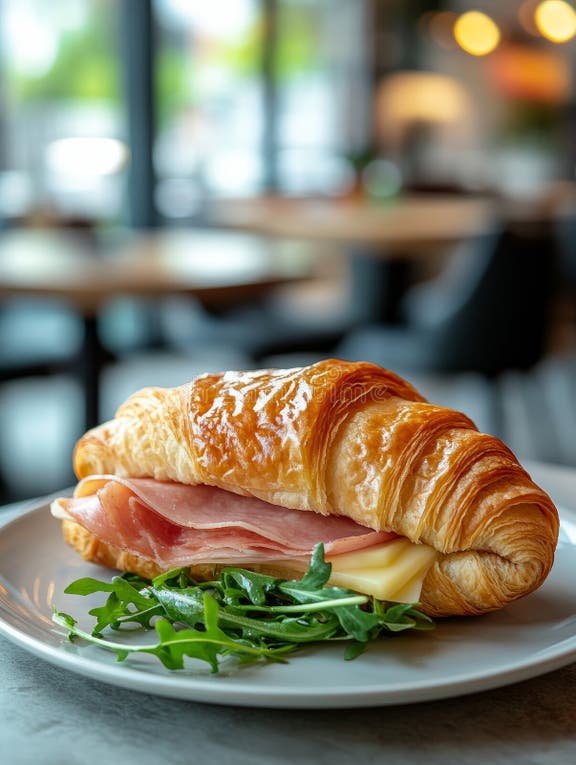 Ham and Cheese Croissant on a Plate in a Cafe Setting. Stock Image ...