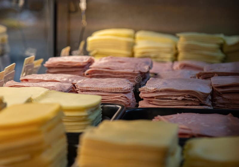 Ham and Cheese in Showcase at Market Stock Image - Image of cheese ...