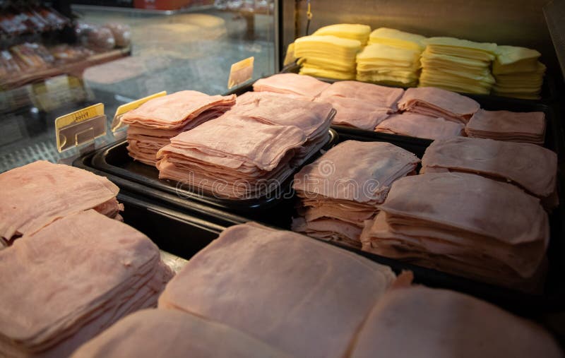 Ham and Cheese in Showcase at Market Stock Photo - Image of market ...
