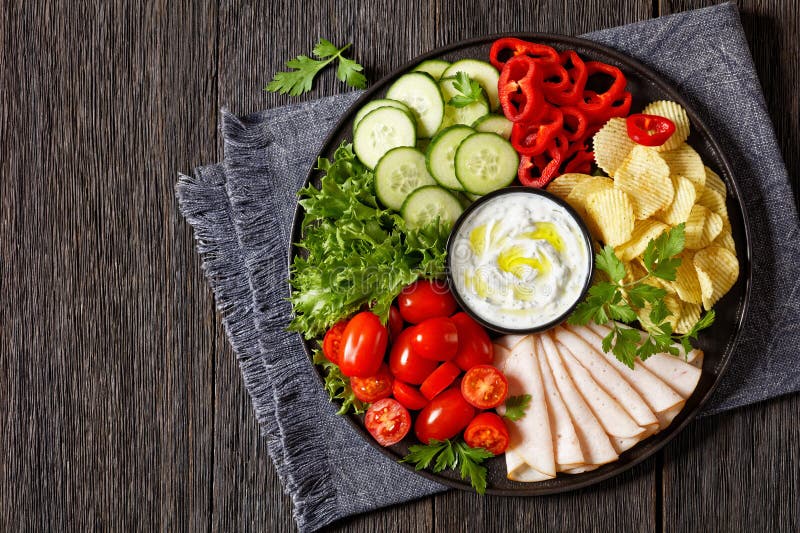 Ham, Chips, Leafy Greens, Veggies Snack Platter Stock Photo - Image of ...