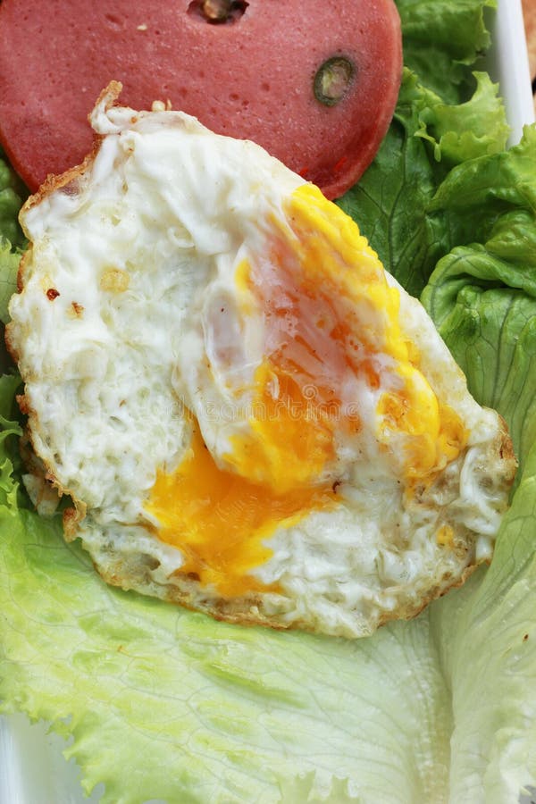 Ham Cut into Circular Discs with Red Peppers and Egg Fried. Stock Image ...