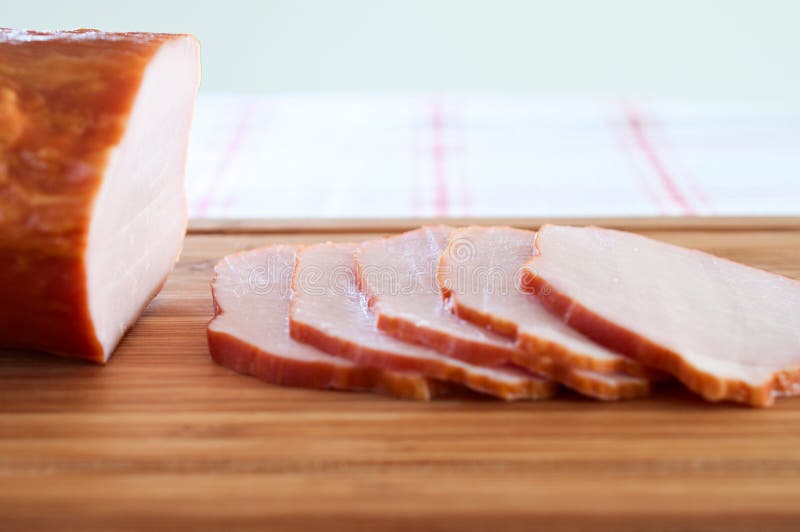 Ham Cut into Slices on a Wooden Board Close Up Stock Photo - Image of ...