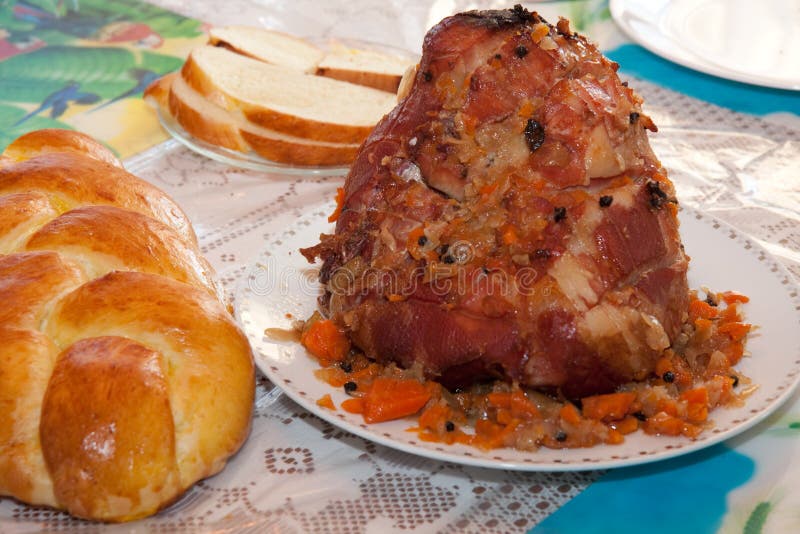 Ham dinner stock photo. Image of pork, plates, bread - 15751114
