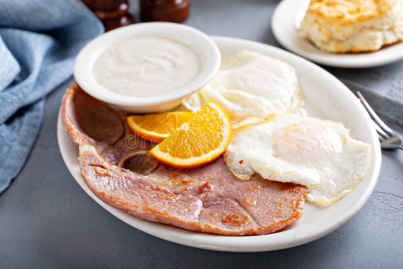 Ham and Eggs Breakfast with Biscuits Stock Image - Image of bread, pork ...