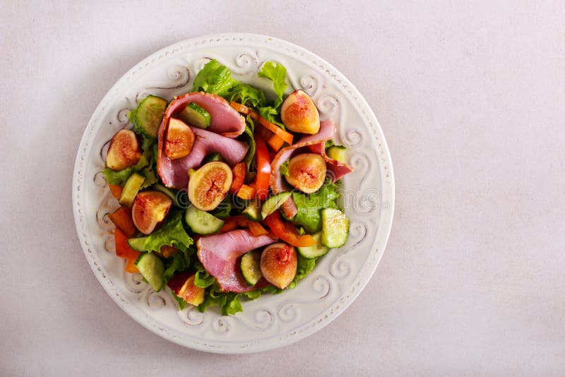 Ham and fig salad served stock image. Image of appetizer - 159077409