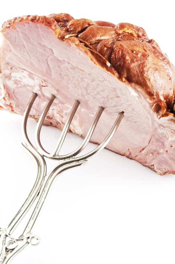 Ham and Fork on a White Background Stock Photo - Image of appetizer ...
