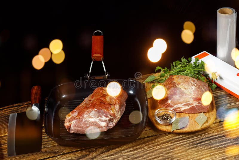 Ham in the Pan and Hatchet Kitchen Stock Photo - Image of food ...