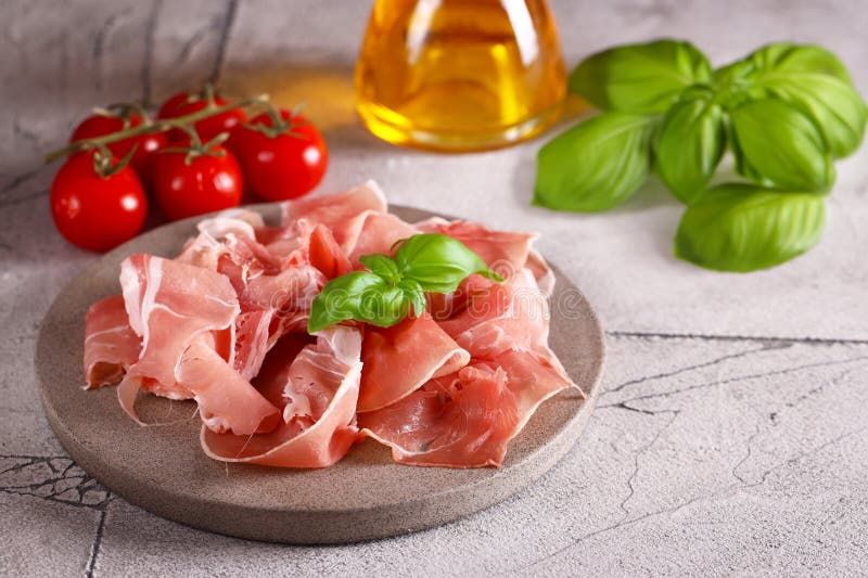 Ham Prosciutto Jamon on a Plate Appetizer Stock Photo - Image of ...