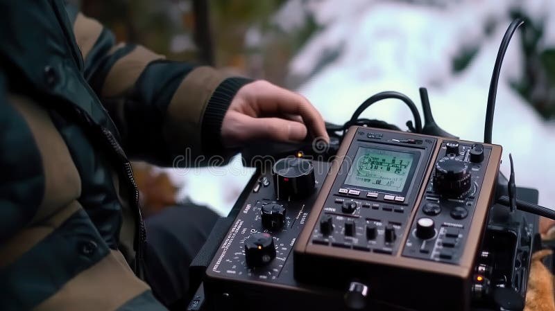 Ham Radio Operator in Snowy Winter Landscape Using Communication Device ...