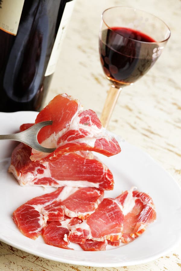 Ham and red wine stock photo. Image of pieces, fork, rustic - 9803550