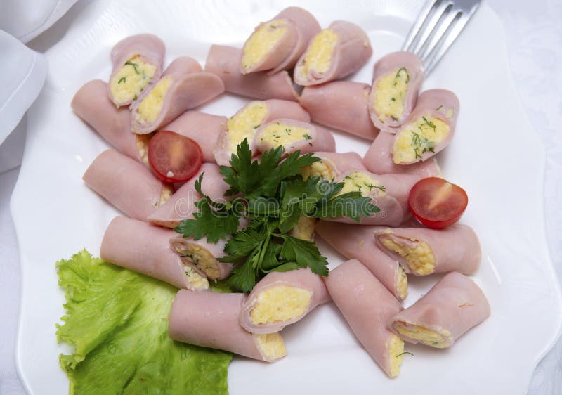 Ham Rolls with Cheese and Herbs on a White Plate Stock Photo - Image of ...