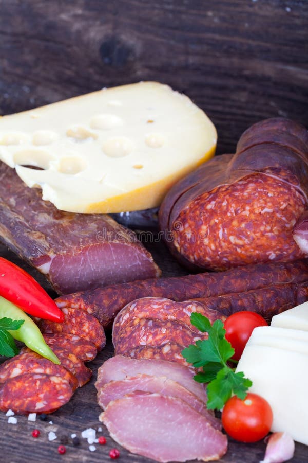 Ham, Salami, Sausages and Cheese Stock Image - Image of cheese, dried ...