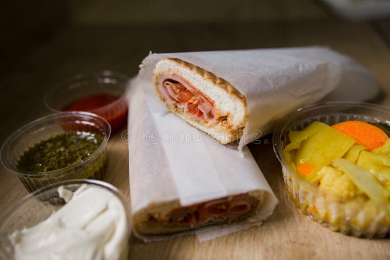 Ham Sandwich a Appetizer with Sauce on the Table Stock Image - Image of ...