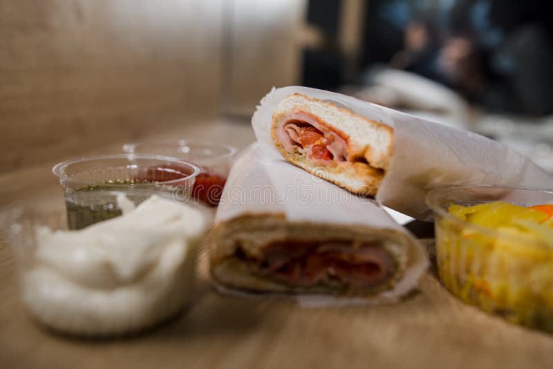 Ham Sandwich a Appetizer with Sauce on the Table Stock Image - Image of ...