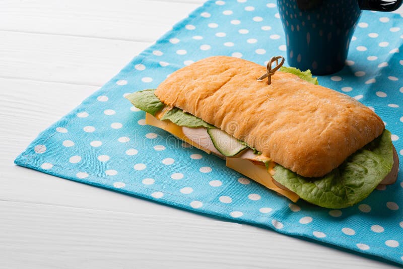 Ham Sandwich with Cheese and Lettuce on Table Close Up Stock Photo ...