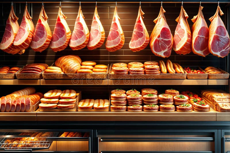 Ham Shop. Shelves with Ham in a Butcher Shop Stock Illustration ...