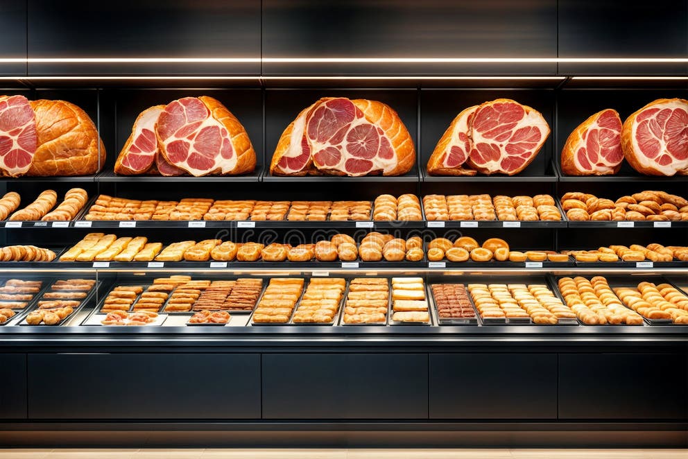 Ham Shop. Showcase with Ham in a Store Stock Illustration ...