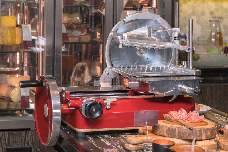 Ham Slicer and Fresh Ham Slice. Stock Image - Image of knife, drink ...