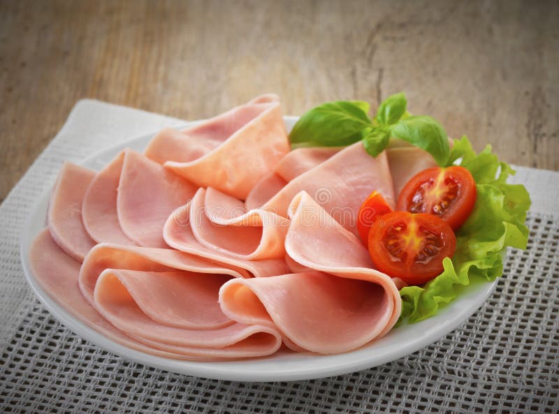 Ham slices on plate stock photo. Image of delicatessen - 32872816