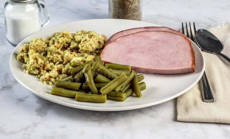 Ham with Stuffing and Green Beans Stock Photo - Image of meal, filling ...