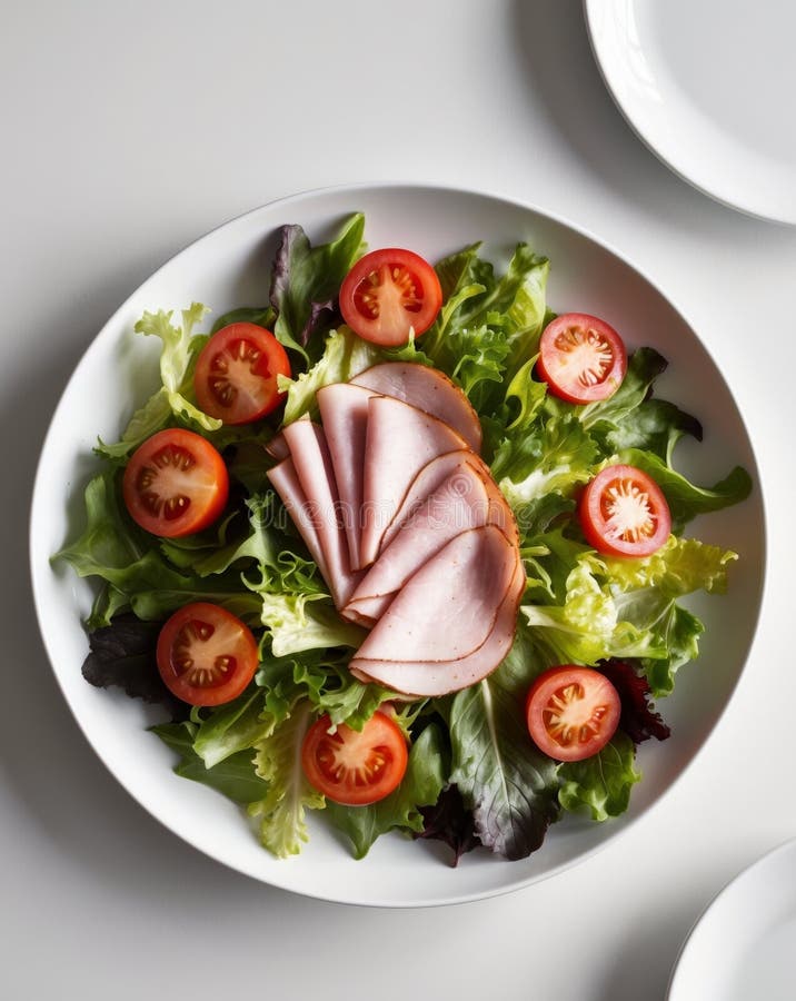 Ham and Tomato Chef Salad Served on a Bed of Mixed Greens. Stock Photo ...