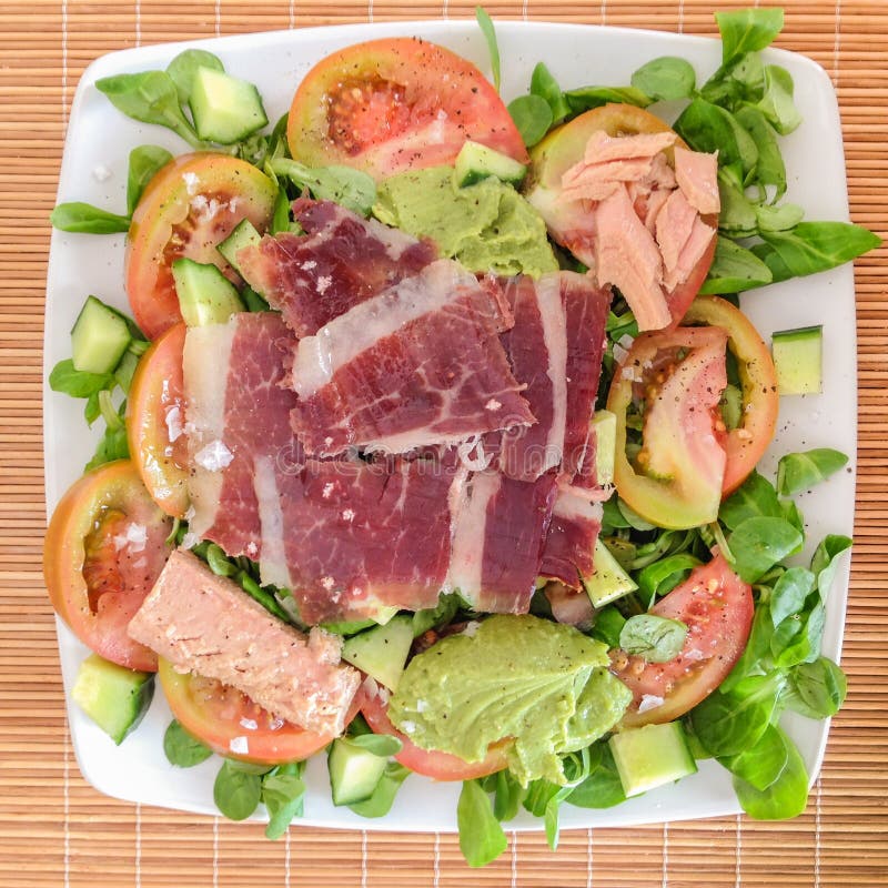 Ham and Tuna Salad stock image. Image of guacamole, wicker - 54124951