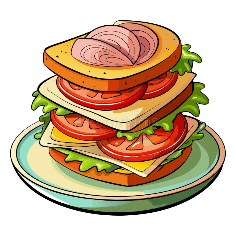 Ham or Turkey Sandwich Stack with Tomatoes on Plate Stock Vector ...