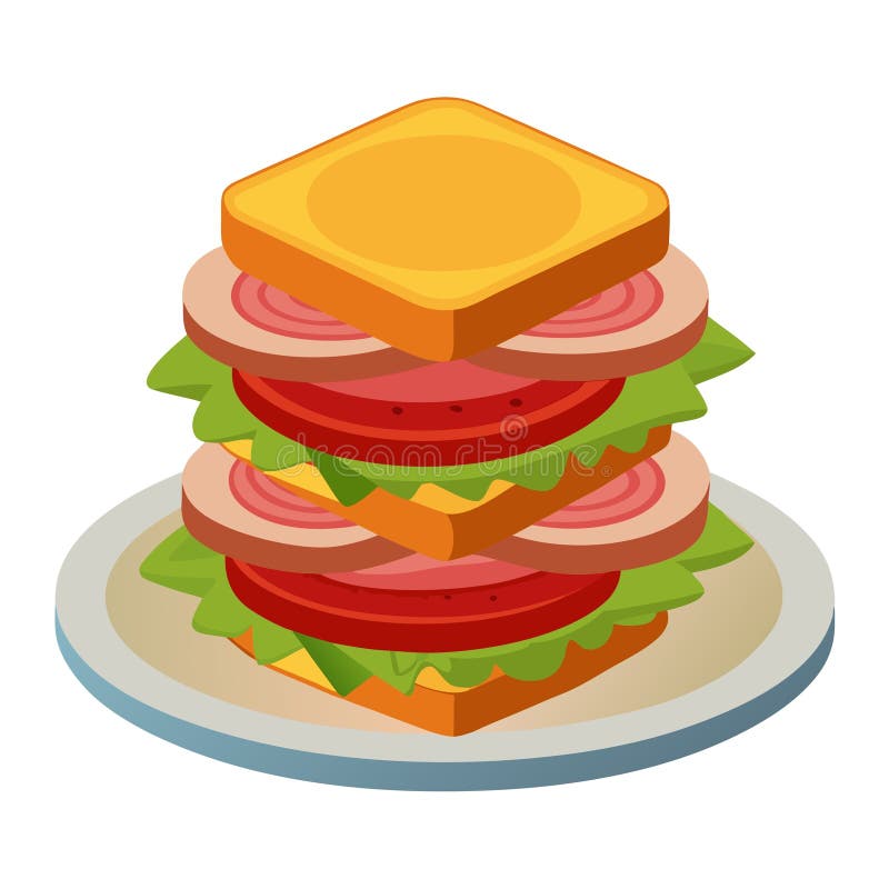 Ham or Turkey Sandwich Stack with Tomatoes on Plate Stock Vector ...