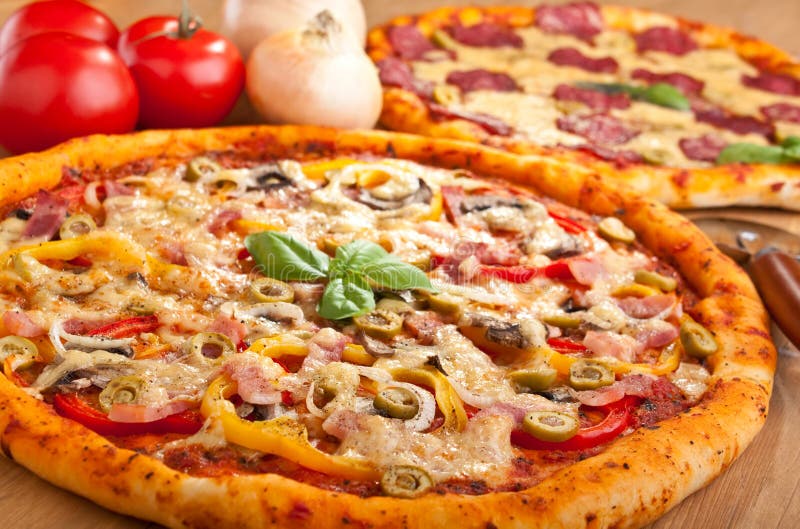 Ham and Veg Pizza with Salami Pizza at the Back Stock Image - Image of ...