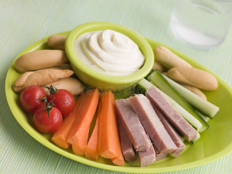 Ham Vegetable and Bread Sticks with Cheese Spread Stock Photo - Image ...