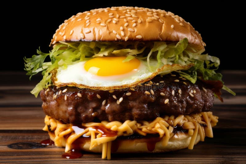 Hamburger or American Burger for Breakfast with Fried Egg, Beef, Salad and Cheese on Wood Table ...