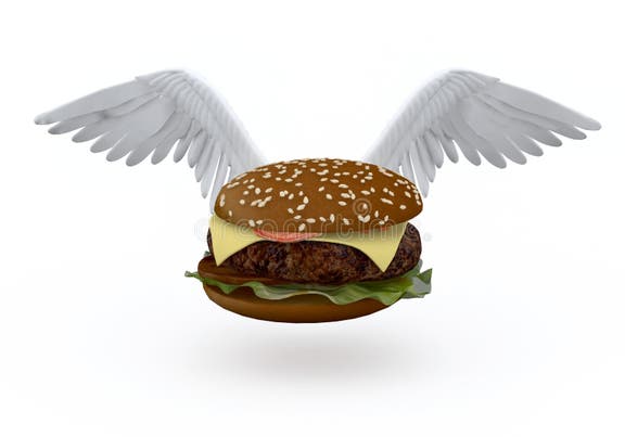 Hamburger with Bird Wings that Flying Stock Illustration - Illustration ...