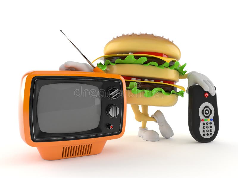 Hamburger Character with Tv Set and Remote Stock Illustration ...