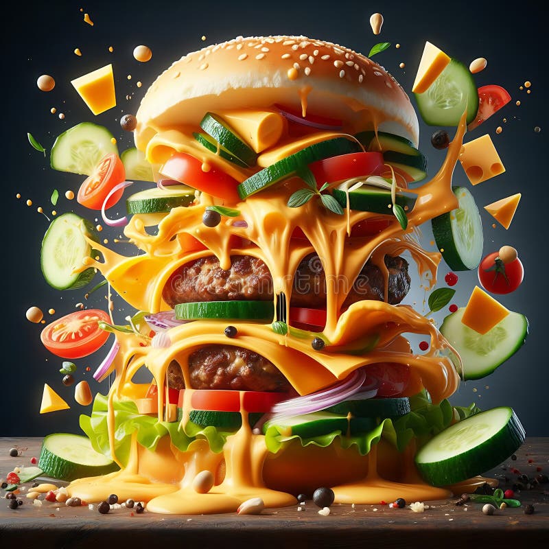 Hamburger, Cheese Burger Exploding with Vegetable Splash, Studio ...