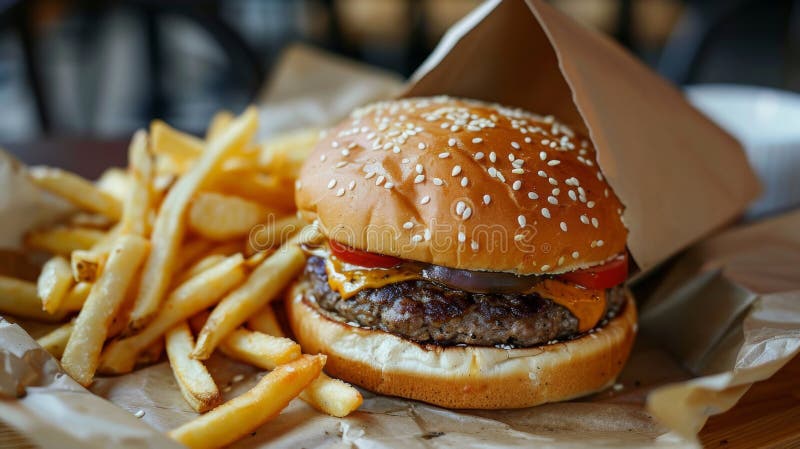 A Hamburger with Cheese and Fries on a Paper Plate, AI Stock Image ...