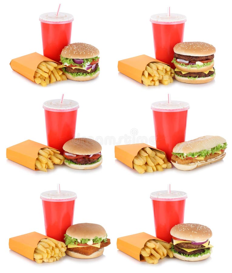 Hamburger Collection Set Cheeseburger and Fries Menu Meal Drink Stock ...
