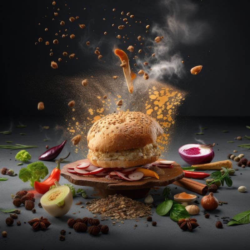 A Hamburger Exploding Out of the Air with Ingredients. Generative AI ...