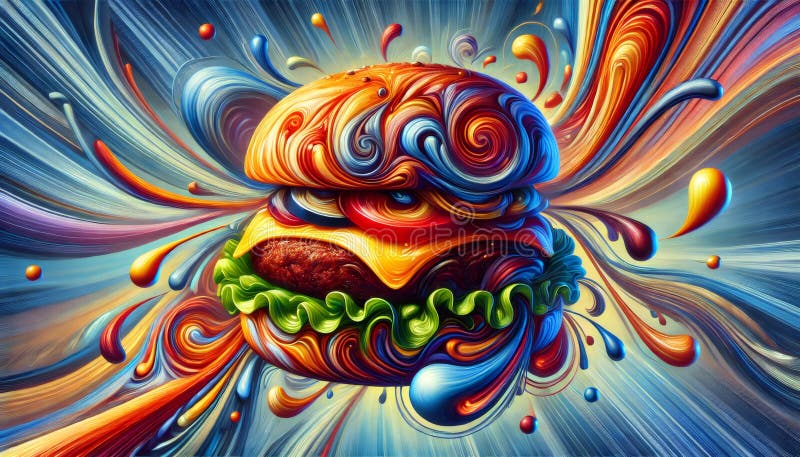 Hamburger Exploding with Vibrant Colors and Surreal Artistic Elements ...