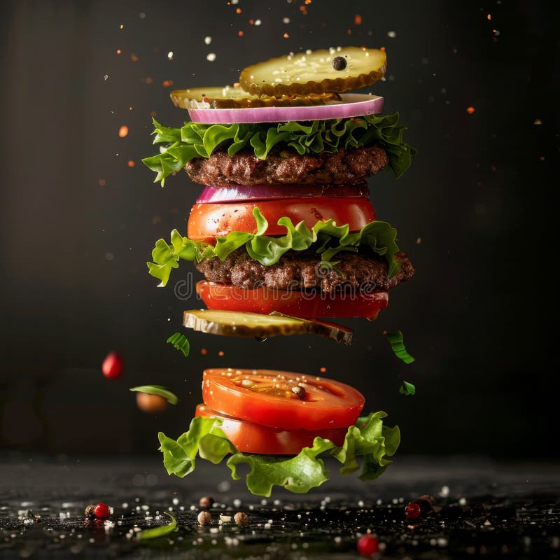Hamburger Falling with Slices Stock Photo - Image of hamburger, cheese ...