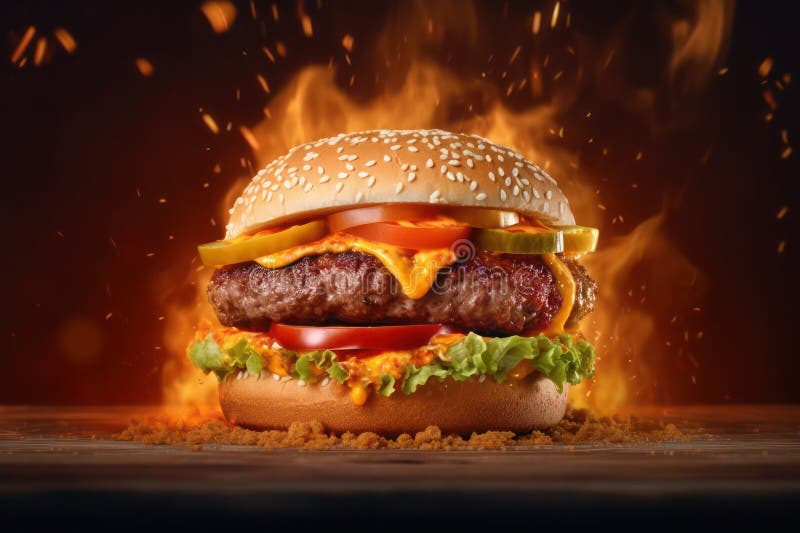 A Hamburger and Fire Frame on Isolated Black Background with Ai ...