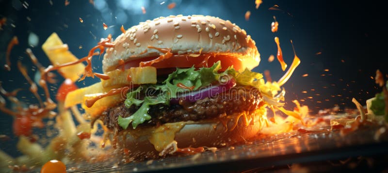 A Hamburger is Flying from the Screen Stock Image - Image of tomato ...