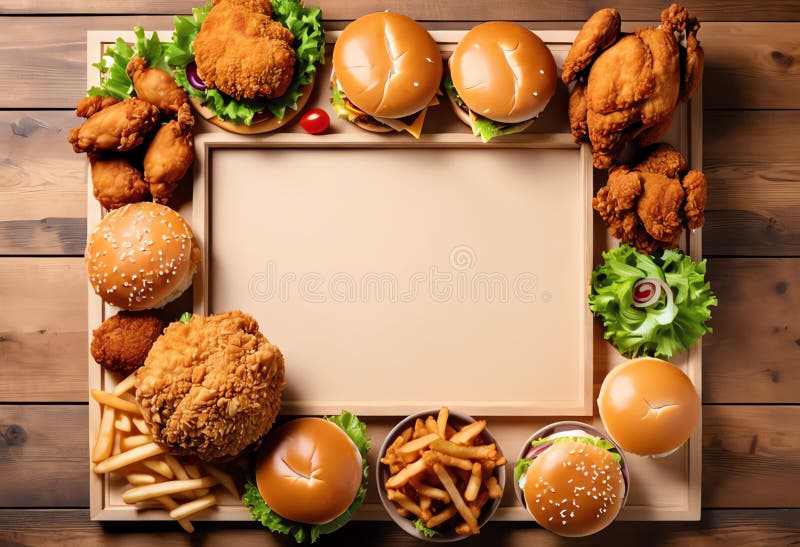 Hamburger and Fried Chicken Frame Flat Lay with Copy Space Stock ...
