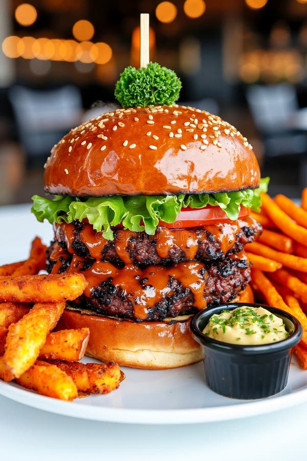 A Hamburger and Fries on a White Plate with a Side of Dipping Sauce ...