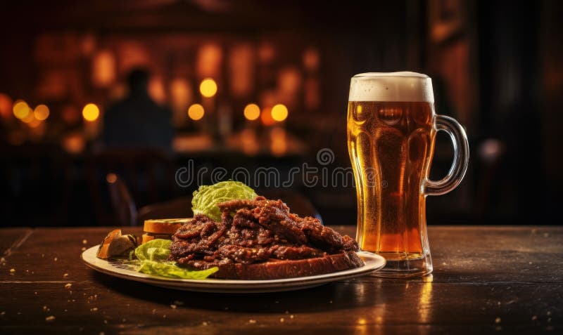 A Hamburger and a Glass of Beer on a Wooden Table in a Pub Stock Image ...