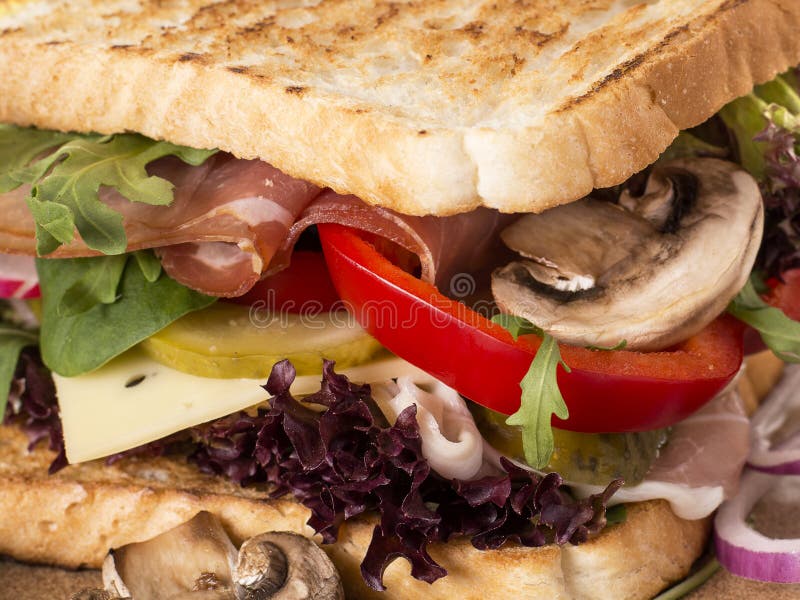 Hamburger with Ham, Cheese and Herbs Background. Stock Photo - Image of ...