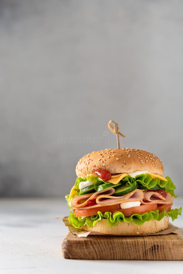 Hamburger with Ham, Tomato and Lettuce, Selective Focus. Side View ...