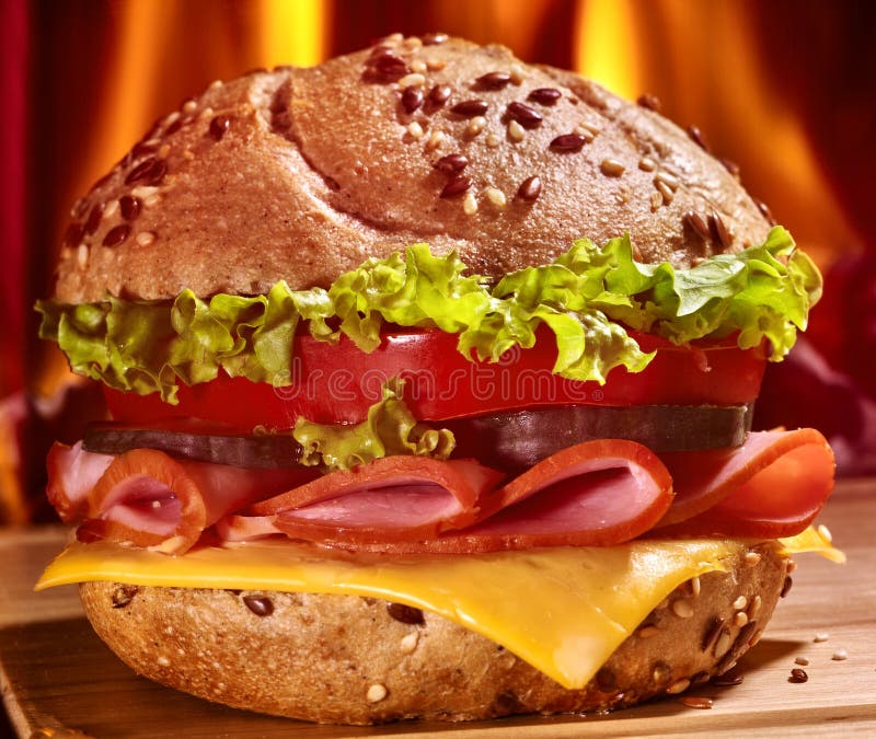 Hamburger with Ham on Wooden Board Stock Image - Image of sandwich ...