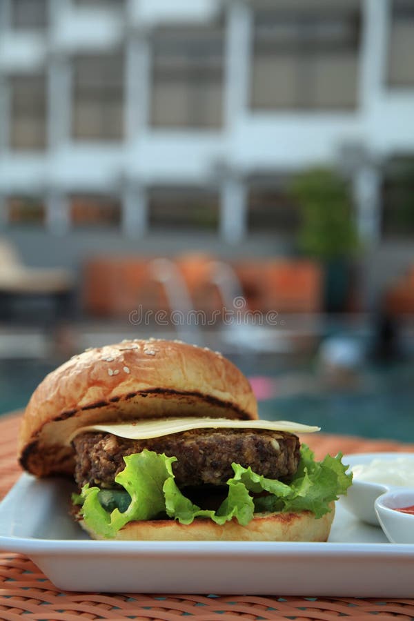 Hamburger at hotel pool stock photo. Image of cheese - 20460904